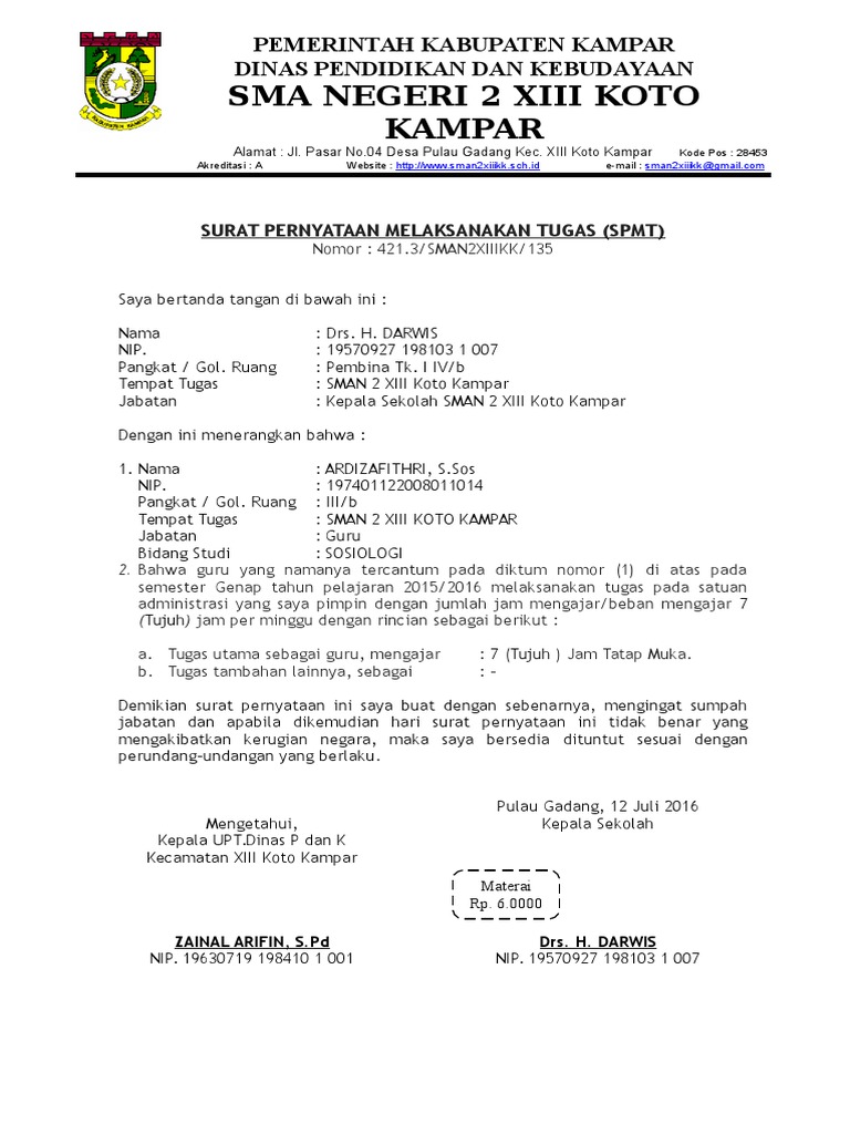 Surat Pernyataan Melaksanakan Tugas SPMT 2016 | PDF