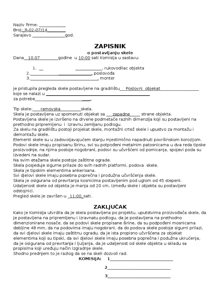 Zapisnik o Postavljanju Skele | PDF