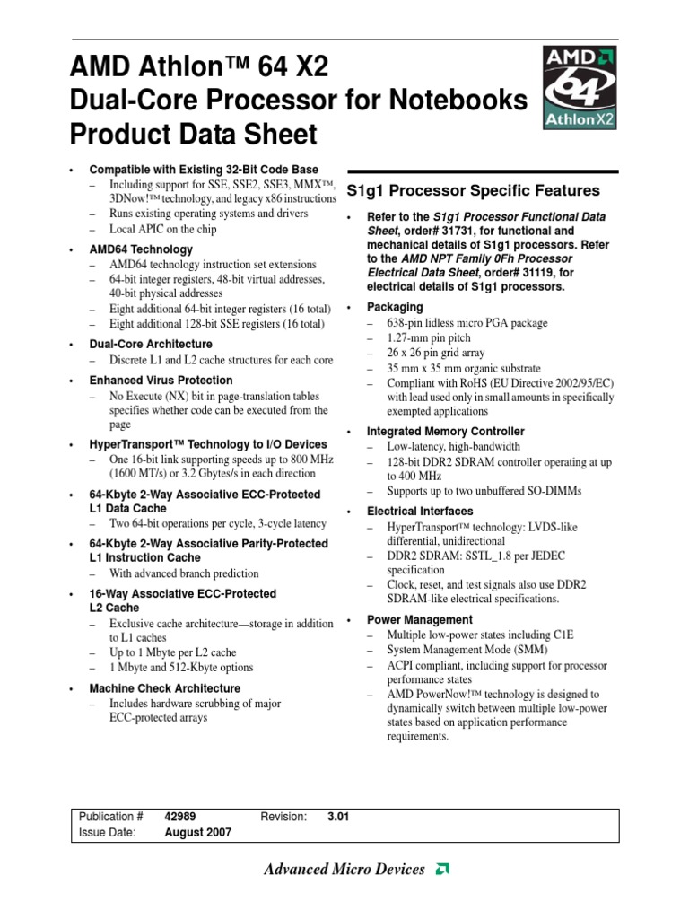AMD Athlon™ 64 X2 Dual-Core Processor For Notebooks Product Data Sheet ...