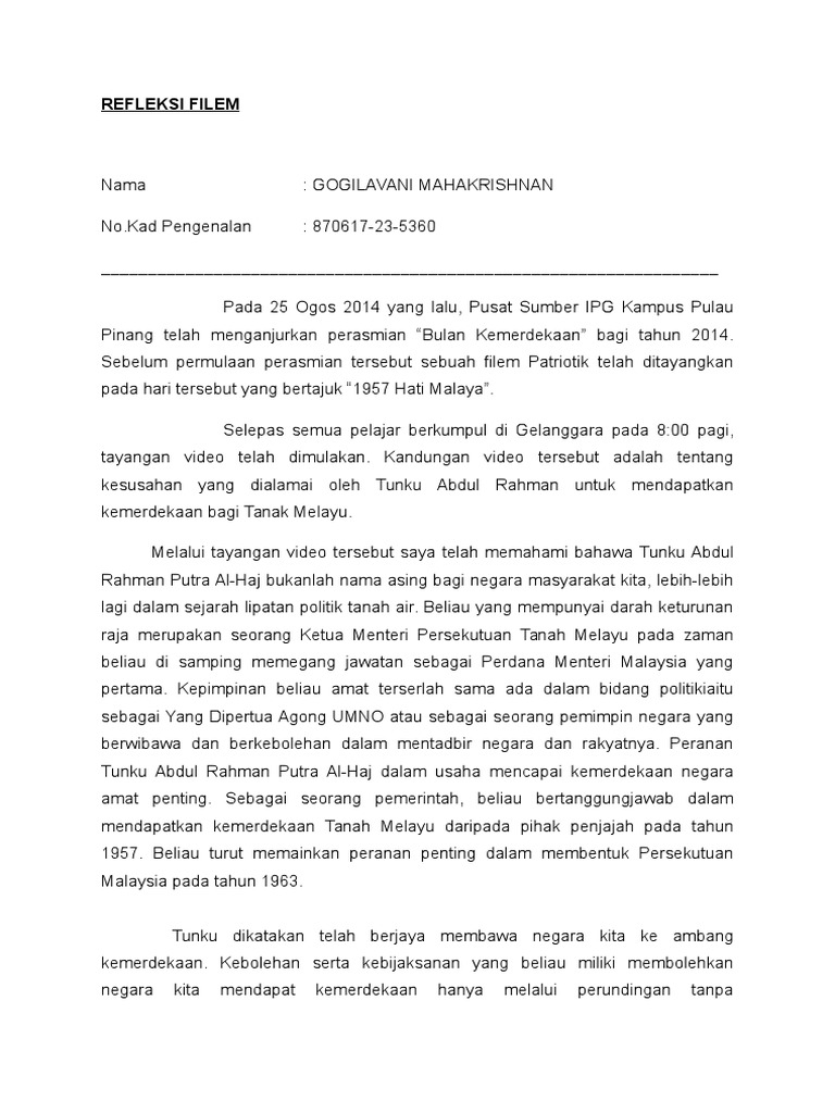 Contoh Format Refleksi Filem | PDF