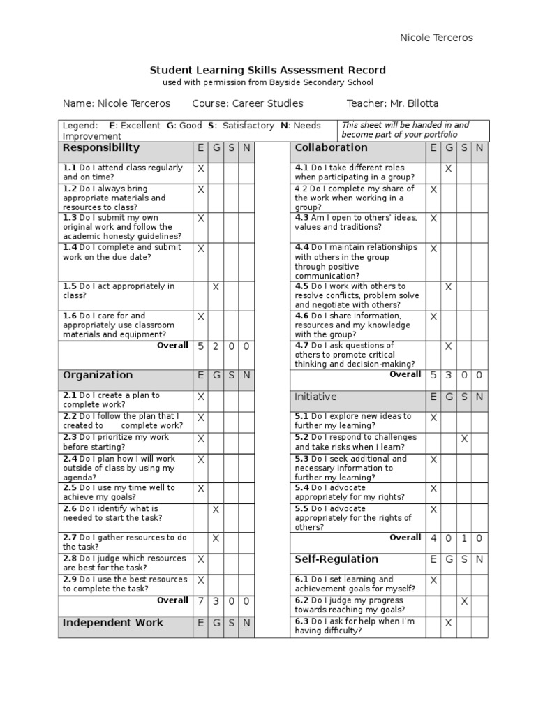 Learning Skills Assessment Record | PDF | Educational Assessment ...