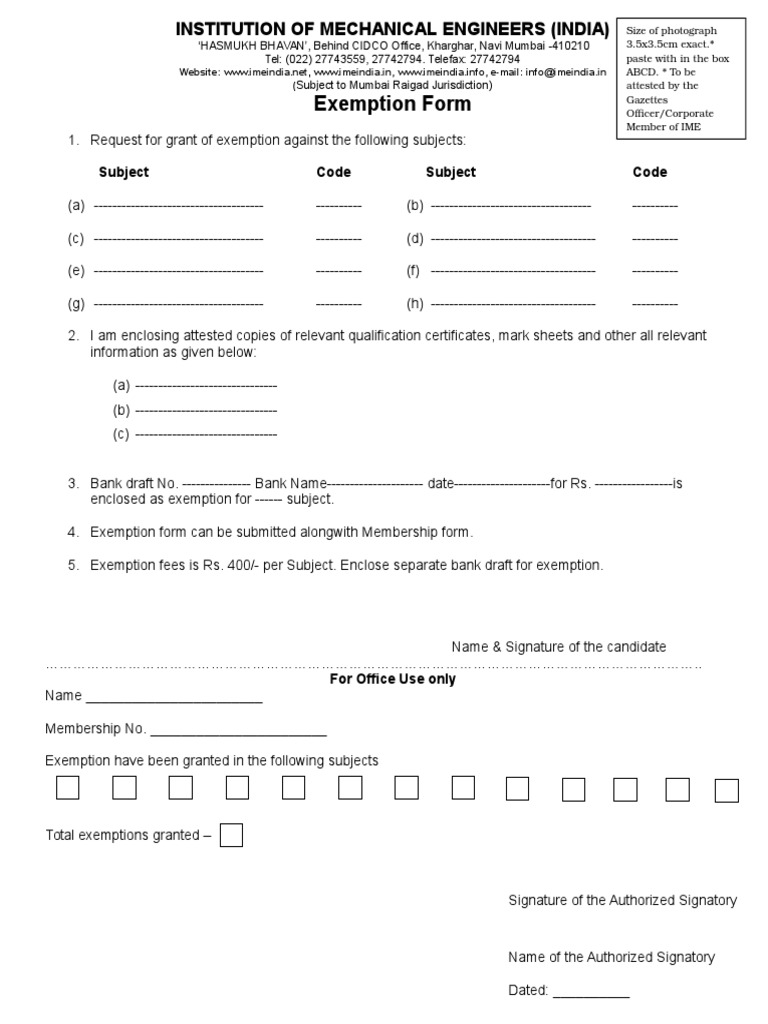 Exemption Form: Subject Code Subject Code | PDF