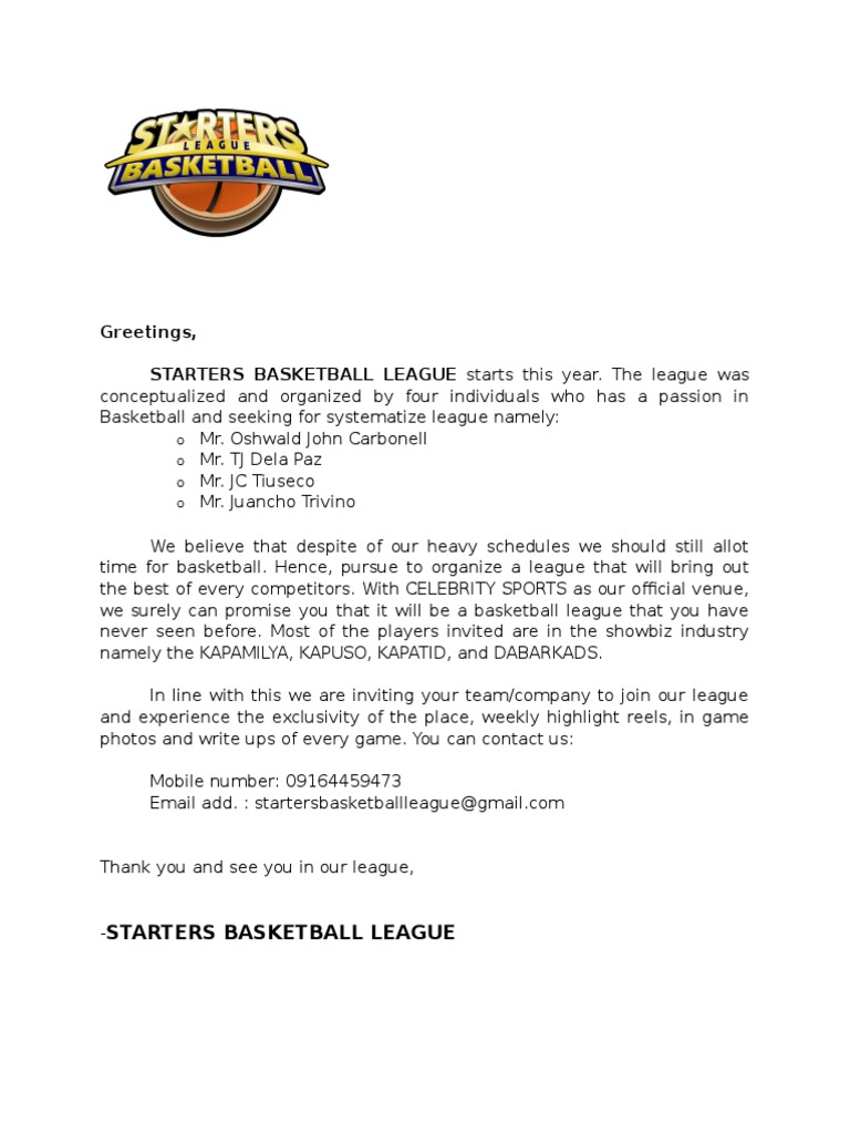 Greetings, STARTERS BASKETBALL LEAGUE Starts This Year. The League Was ...