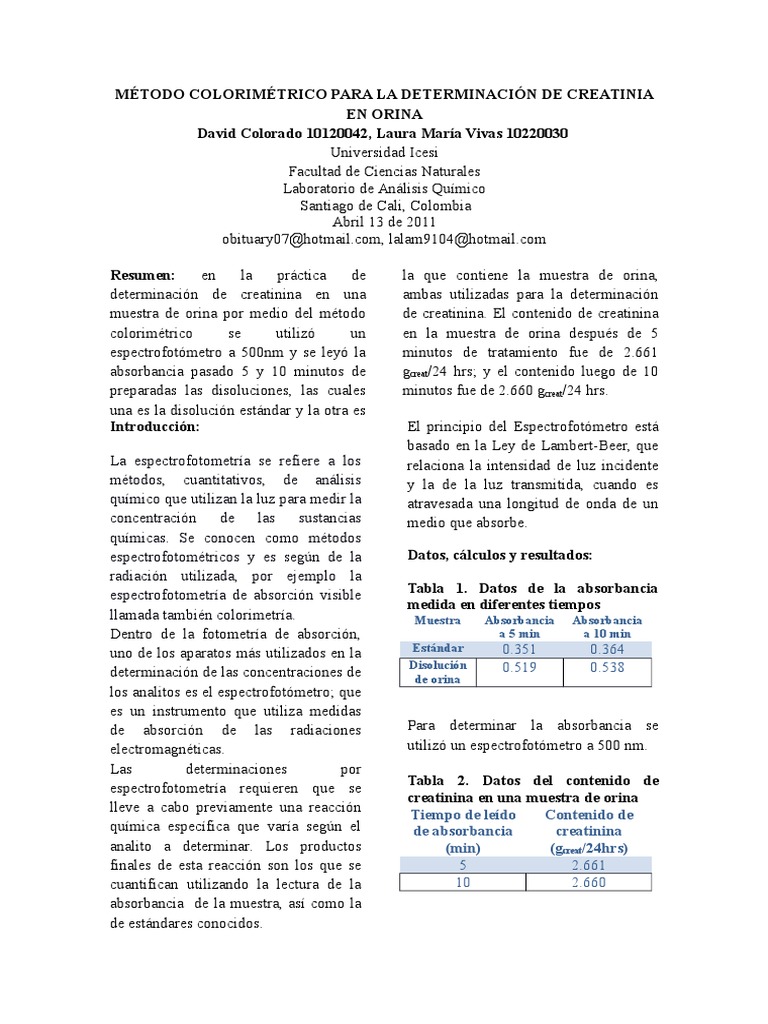 Método Colorimétrico Para La Determinación de Creatinia en Orina | PDF ...