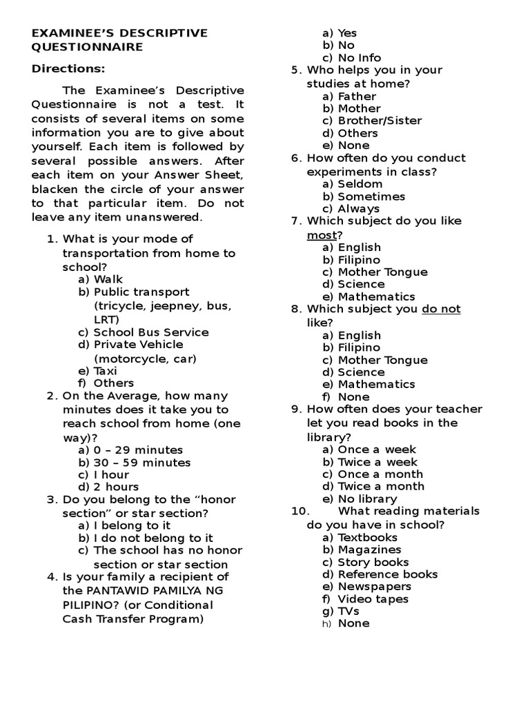 Examinee'S Descriptive Questionnaire Directions | PDF