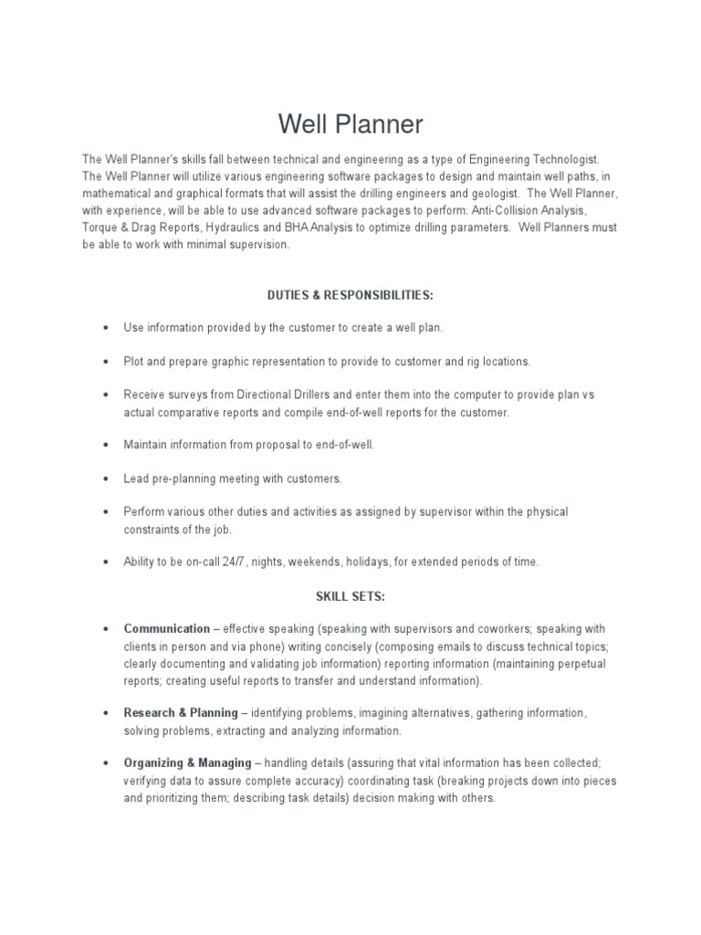 Well Planner Job Description and Duties | PDF | Portable Document ...