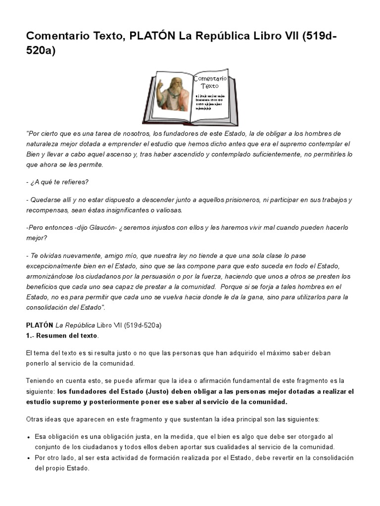 Comentario Texto, PLATÓN La República Libro VII (519d-520a) PDF | PDF | Platón | Conocimiento