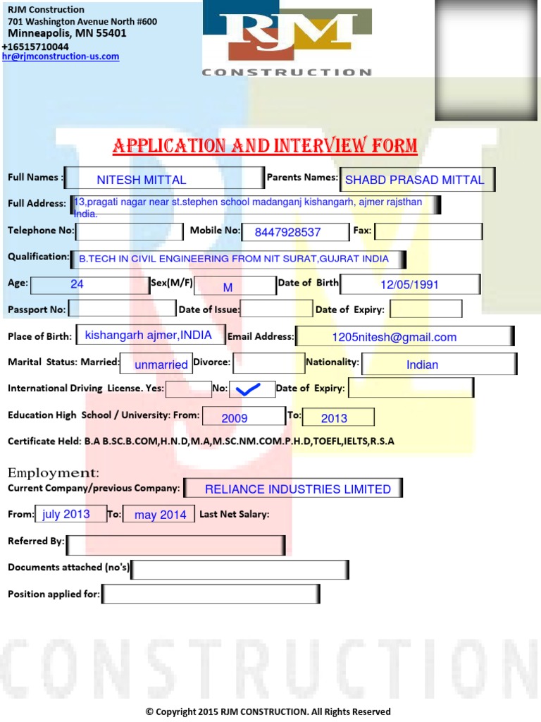 RJM Construction United States Employment Application and Interview ...