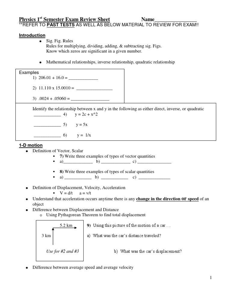 Physics 1 Semester Exam Review Sheet Name - : Use For #2 and #3 | PDF