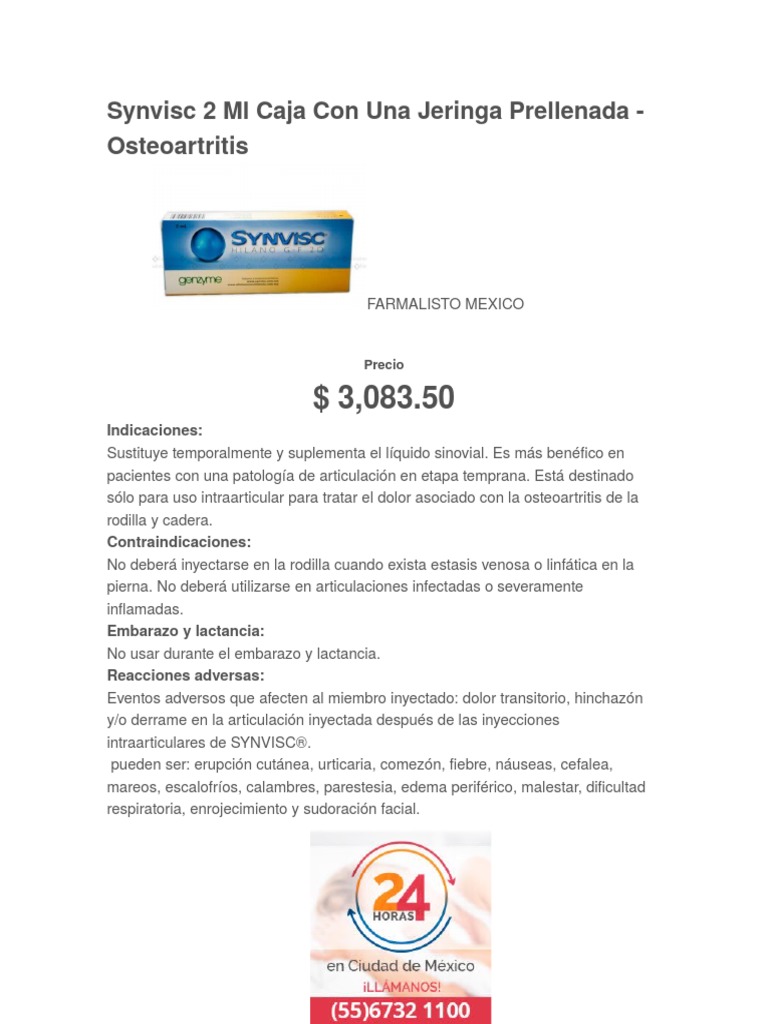 Synvisc 2 ML Caja Con Una Jeringa Prellenada | PDF