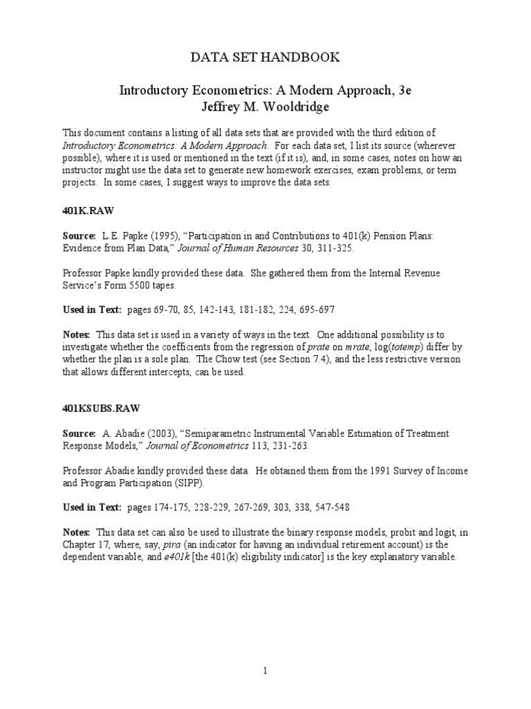 Wooldridge Data Set Handbook Pdf Econometrics Instrumental Variable