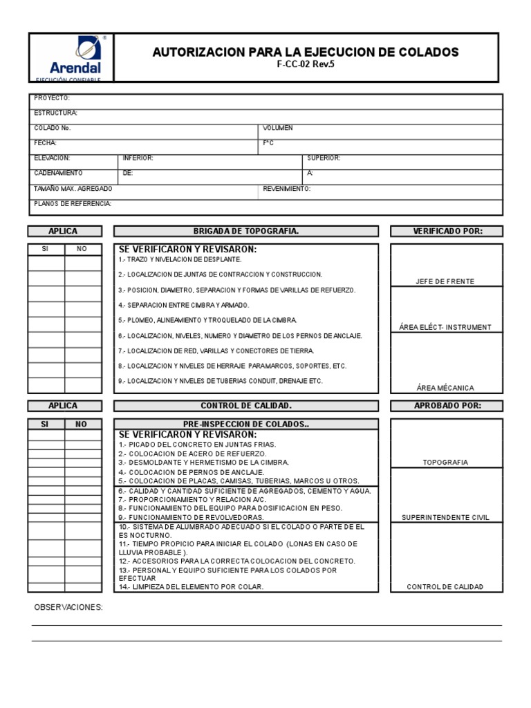 F-CC-02 Autorizacion para La Ejecucion de Colados Rev 5 | PDF ...