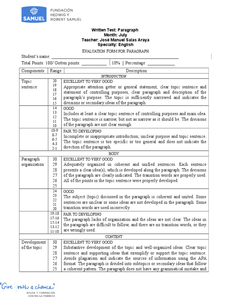 Written Test - Paragraph Evaluation Form | PDF | Paragraph | English ...