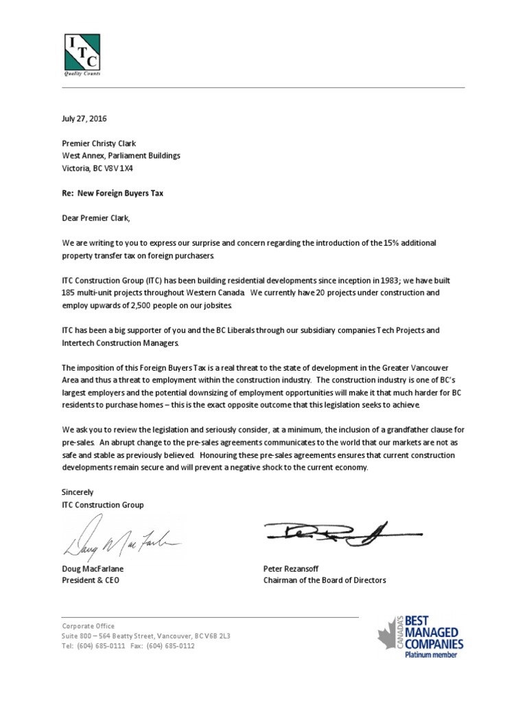 ITC letter to premier