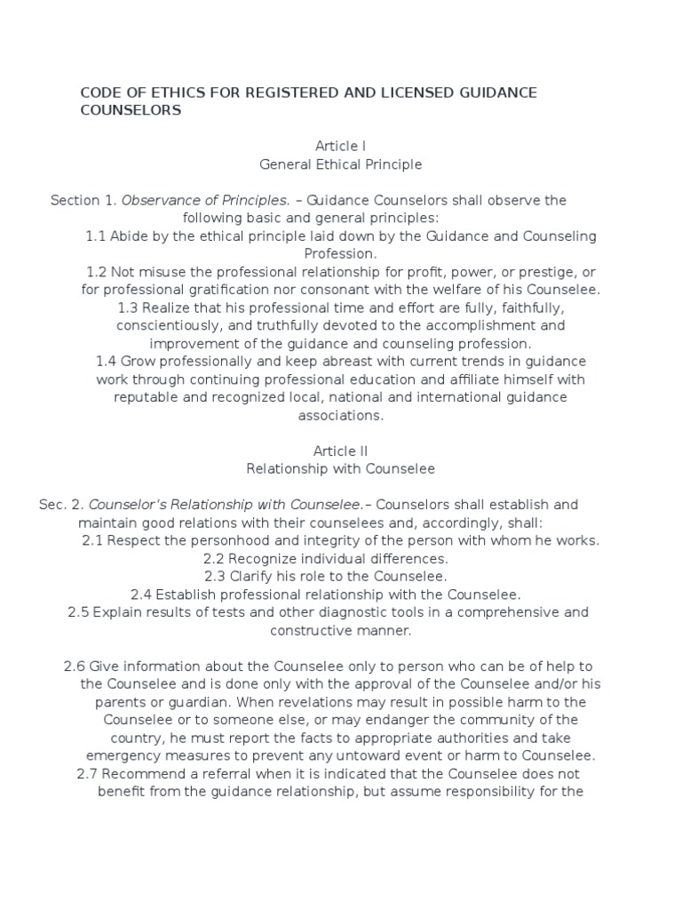 Code of Ethics for Registered and Licensed Guidance Counselors | School ...