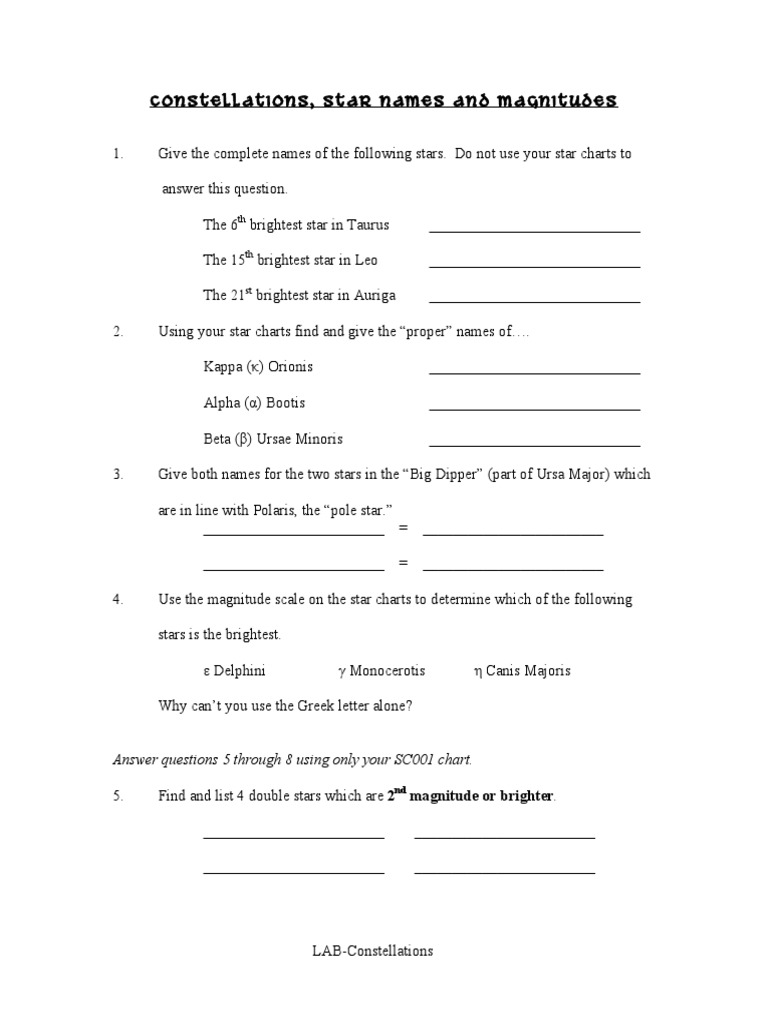 Constellations, Star Names and Magnitudes: Answer Questions 5 Through 8 ...