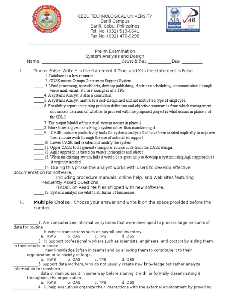 SAD (system analysis and design) Prelim | Systems Engineering | Computing