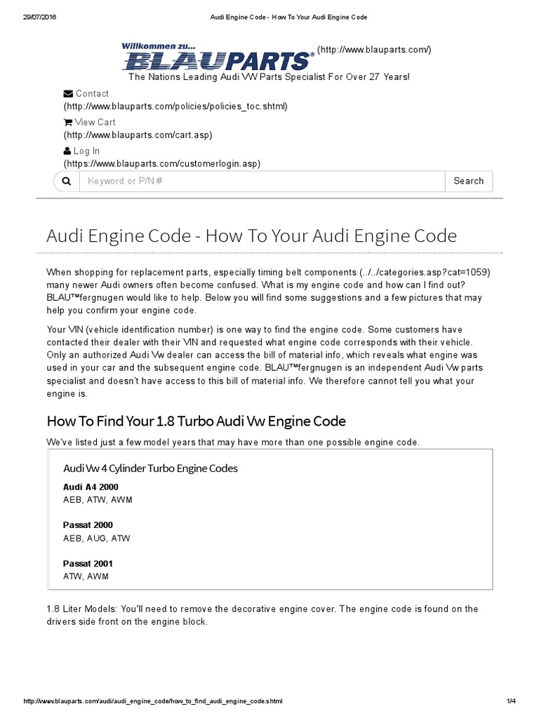 Audi Engine Code - How To Find Your Audi Engine Code (A8) | PDF | Audi ...