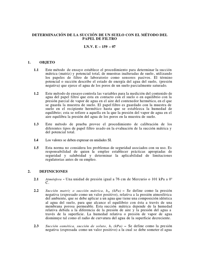 Norma INV E-159-07 - Succion Matrica Ensayo PDF | PDF | Presión | Humedad