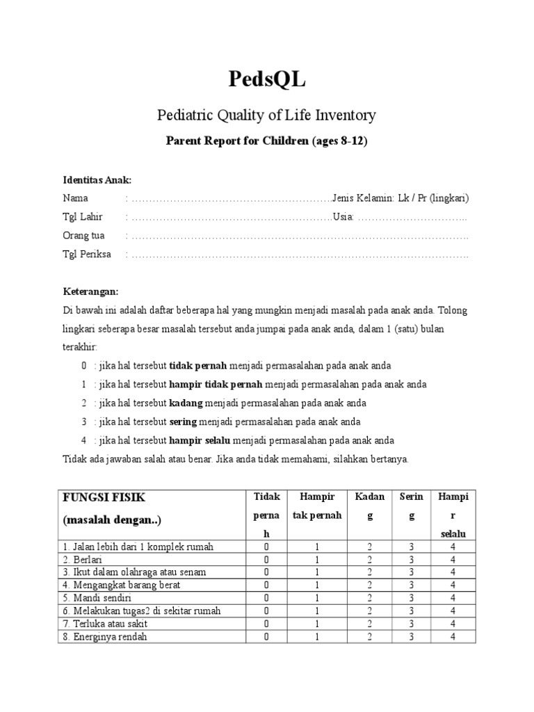 PedsQL (8-12 Tahun) | PDF
