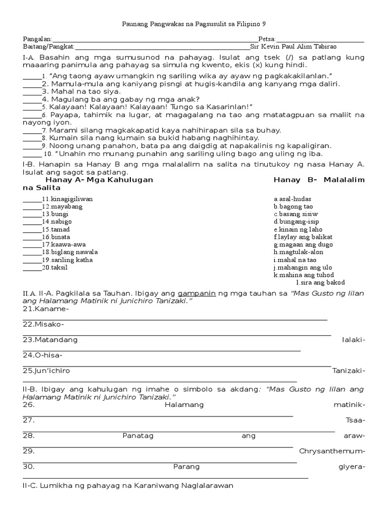 Paunang Pangwakas Na Pagsusulit Sa Filipino 9 | PDF