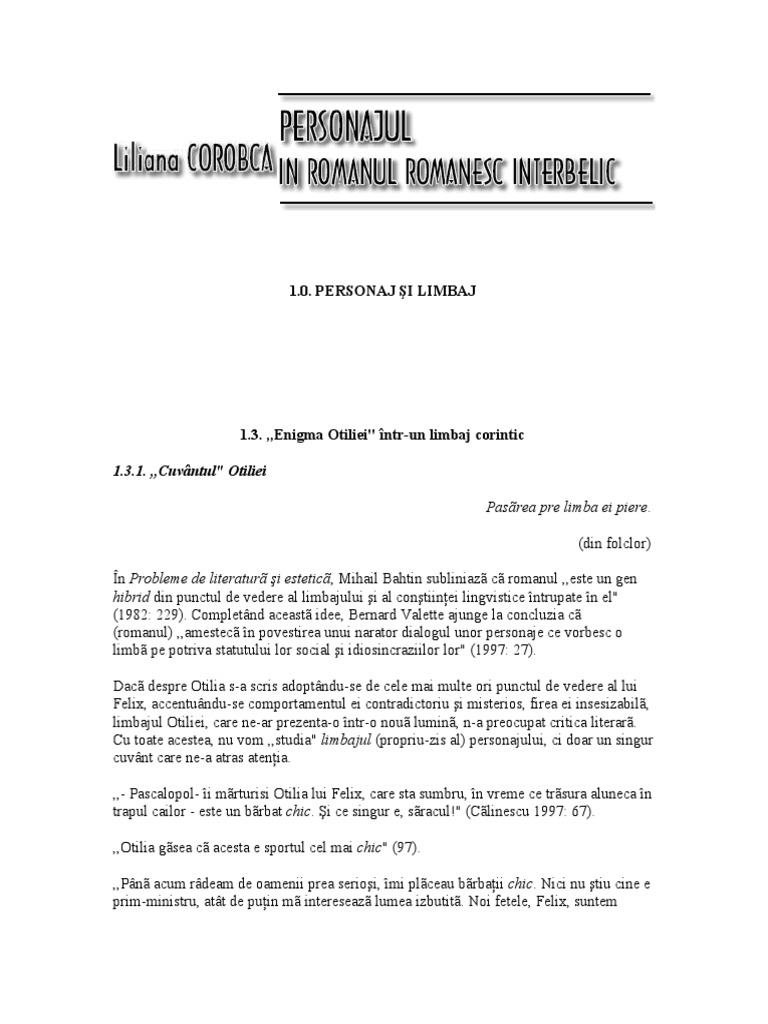 Liliana Corobca - Personajul in Romanul Romanesc Interbelic | PDF