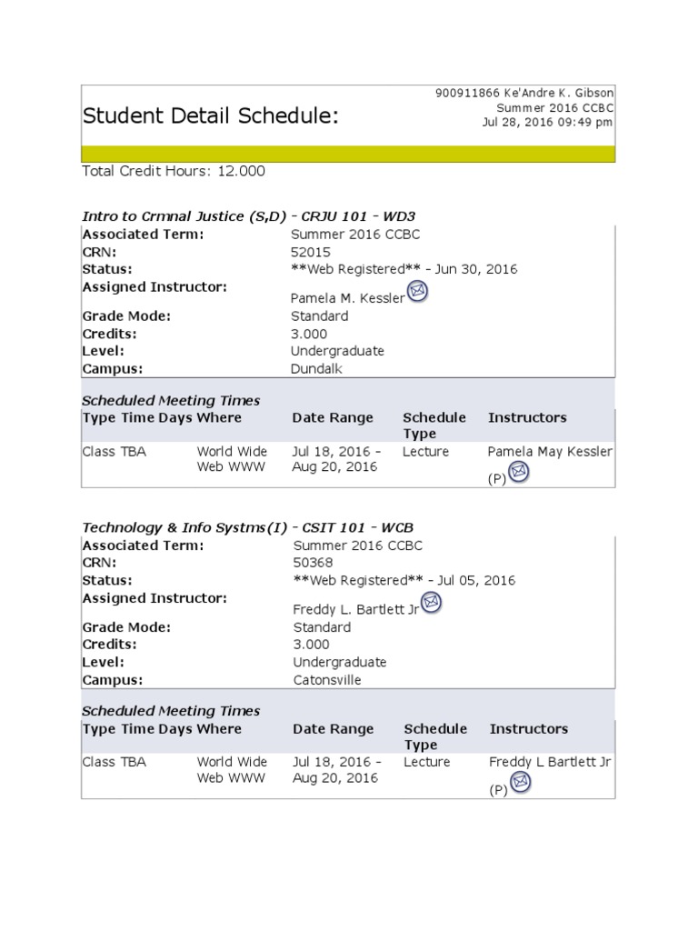 Student Detail Schedule | PDF