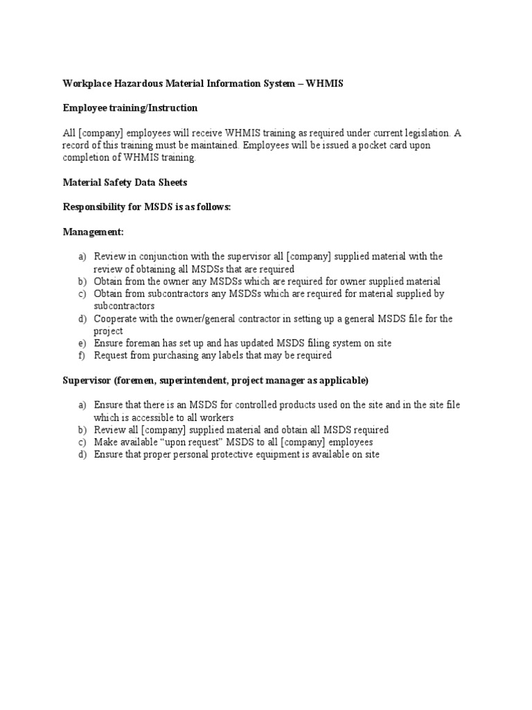 Workplace Hazardous Material Information System - WHMIS Employee ...