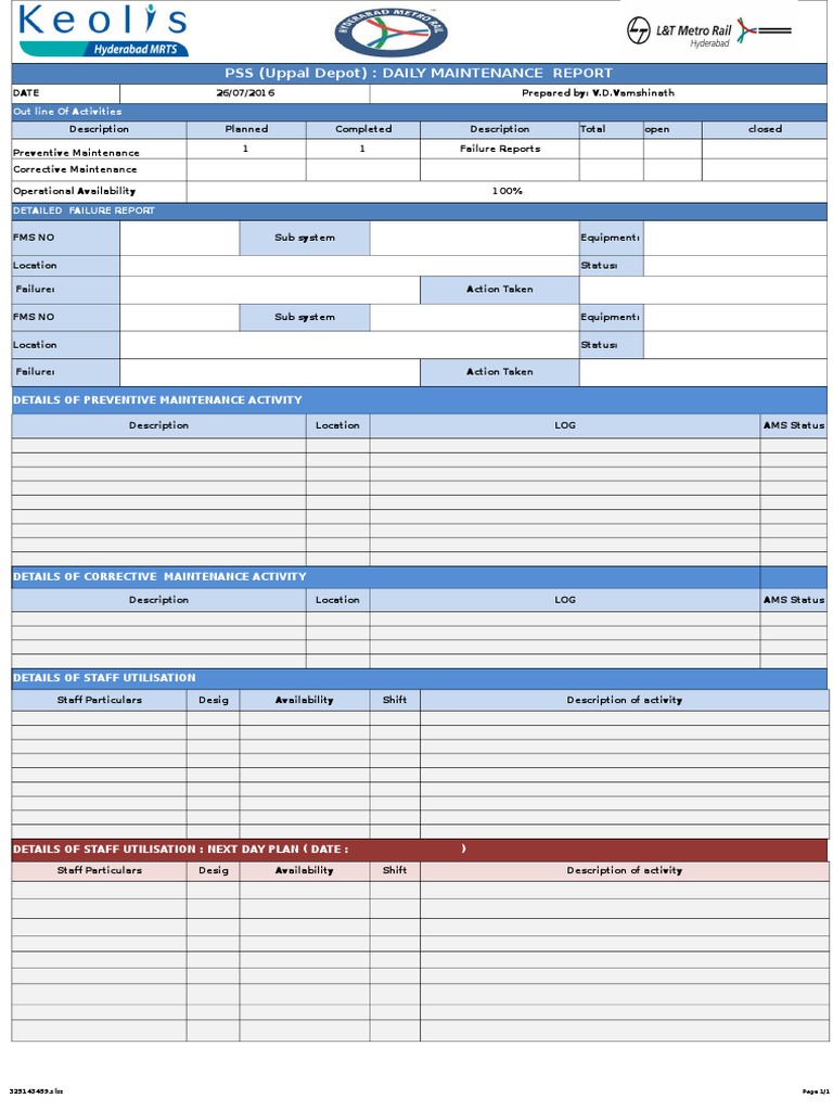 Pss (Uppal Depot) : Daily Maintenance Report: Details of Preventive ...
