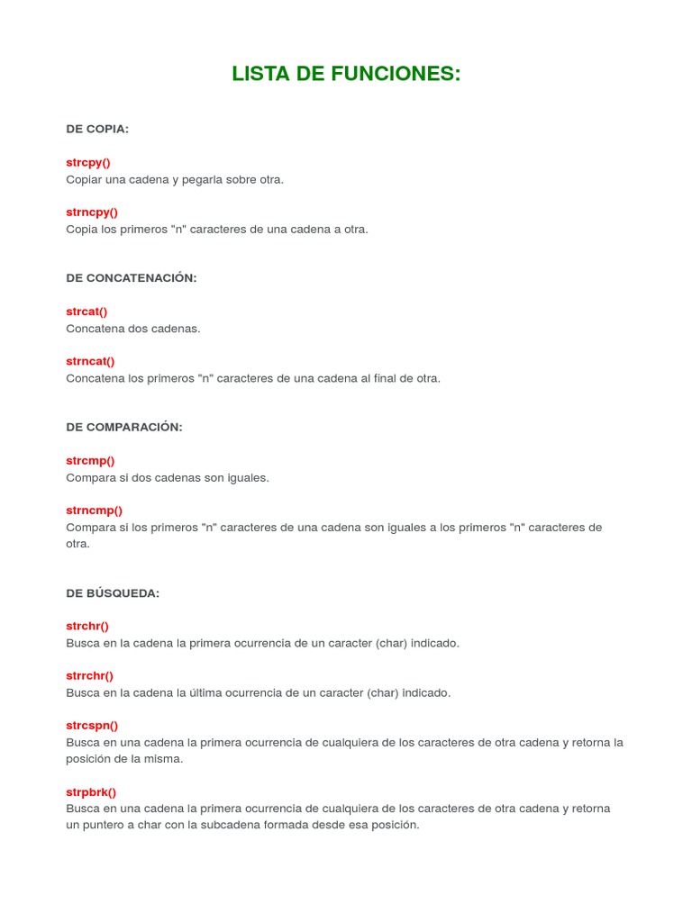 Lista de Funciones String en C | PDF | C ++ | Cadena (informática)