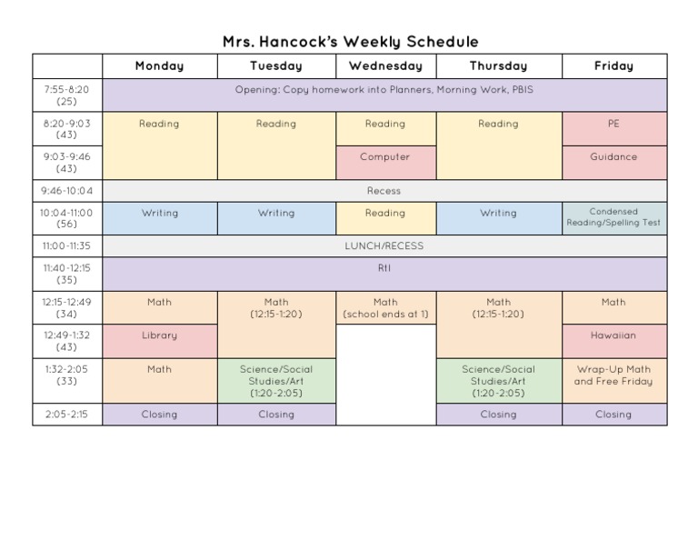 Mrs. Hancock's Weekly Schedule: Monday Tuesday Wednesday Thursday ...