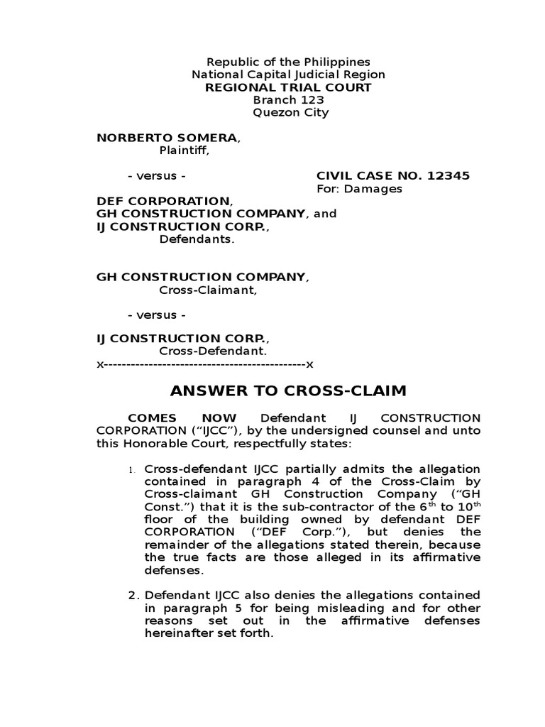 Answer to Cross Claim | Lawsuit | Social Institutions