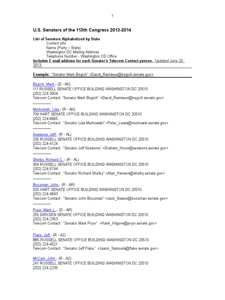 Update 113th Senators Contact | PDF | Democratic Party (United States ...