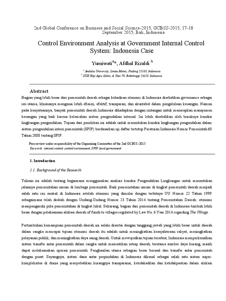 Control Environment Analysis at Government Internal Control System Indonesia Case 2015 TRANSLATE ...