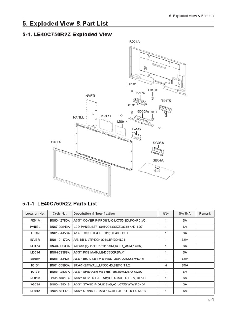 LE40C750R2Z Exploded View & Parts List | PDF | Units Of Measurement | Computer Memory