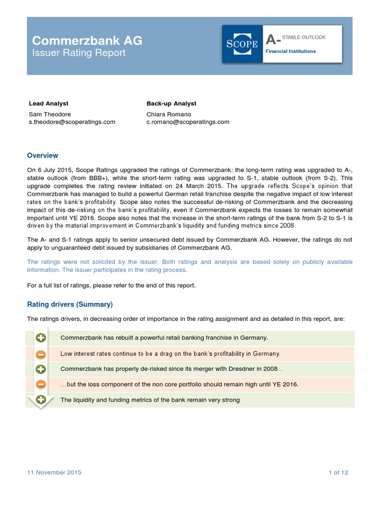 Commerzbank AG: Issuer Rating Report | PDF | Market Liquidity | Banks