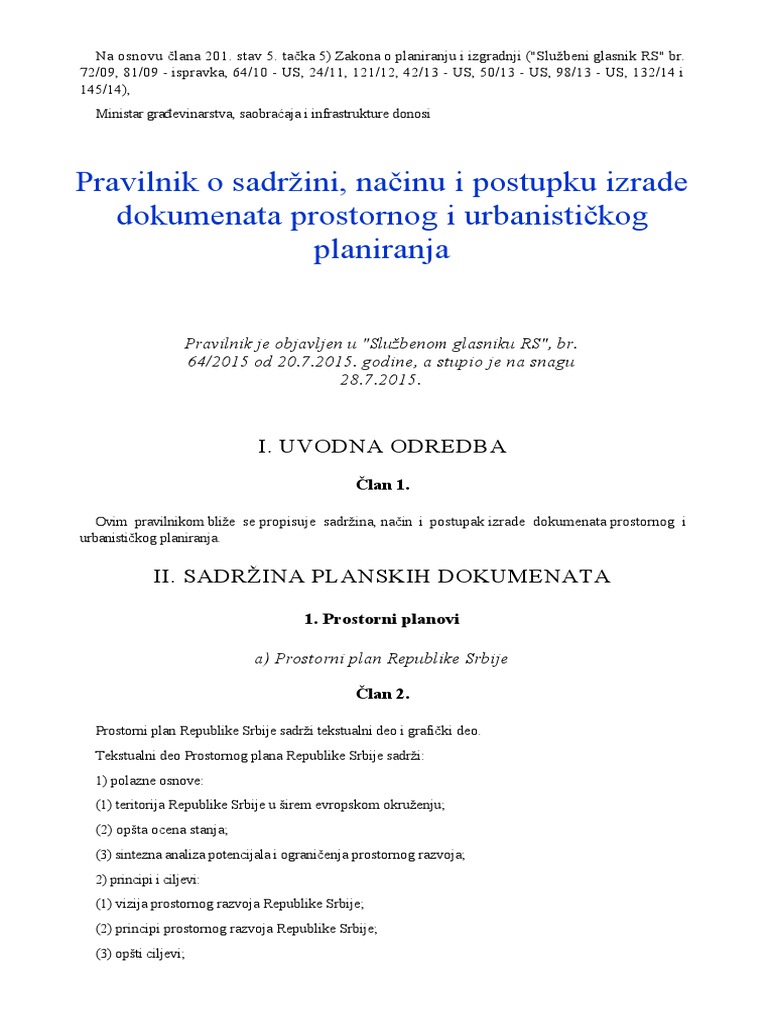 Pravilnik o Sadrzini Nacinu I Postupku Izrade Dokumenata Prostornog I Urbanistickog Planiranja | PDF