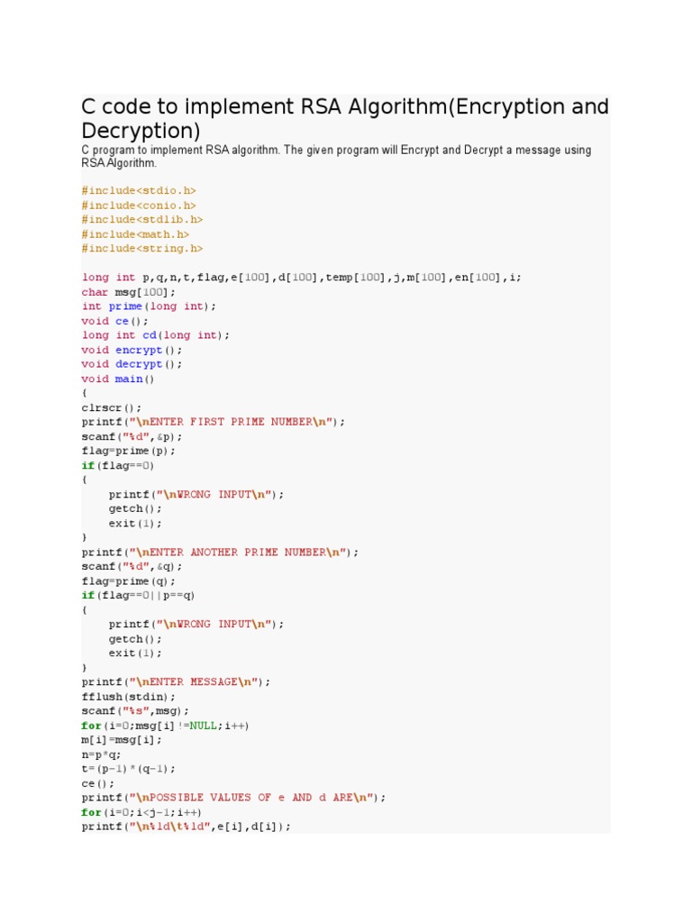 C Code To Implement Rsa Algorithm Cryptography Public Key Cryptography