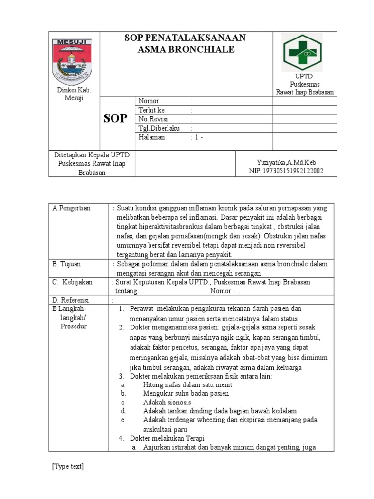 Prosedur Penatalaksanaan Asma Bronkial | PDF