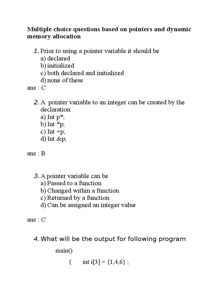 Multiple Choice Questions Based On Pointers and Dynamic Memory ...