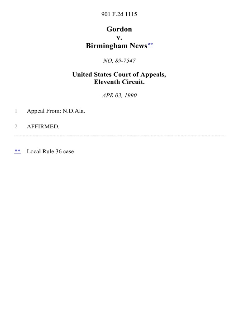 Gordon v. Birmingham News, 901 F.2d 1115, 11th Cir. (1990) | PDF