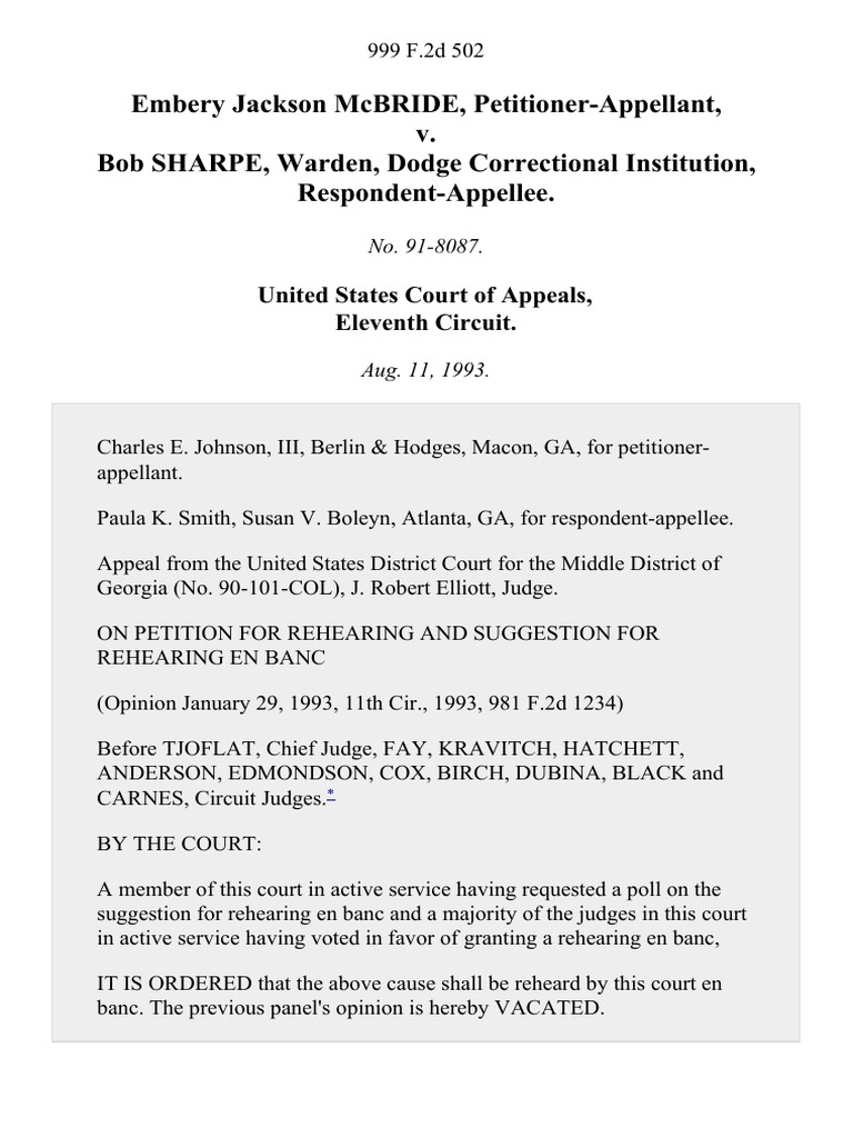 Embery Jackson McBride v. Bob Sharpe, Warden, Dodge Correctional ...