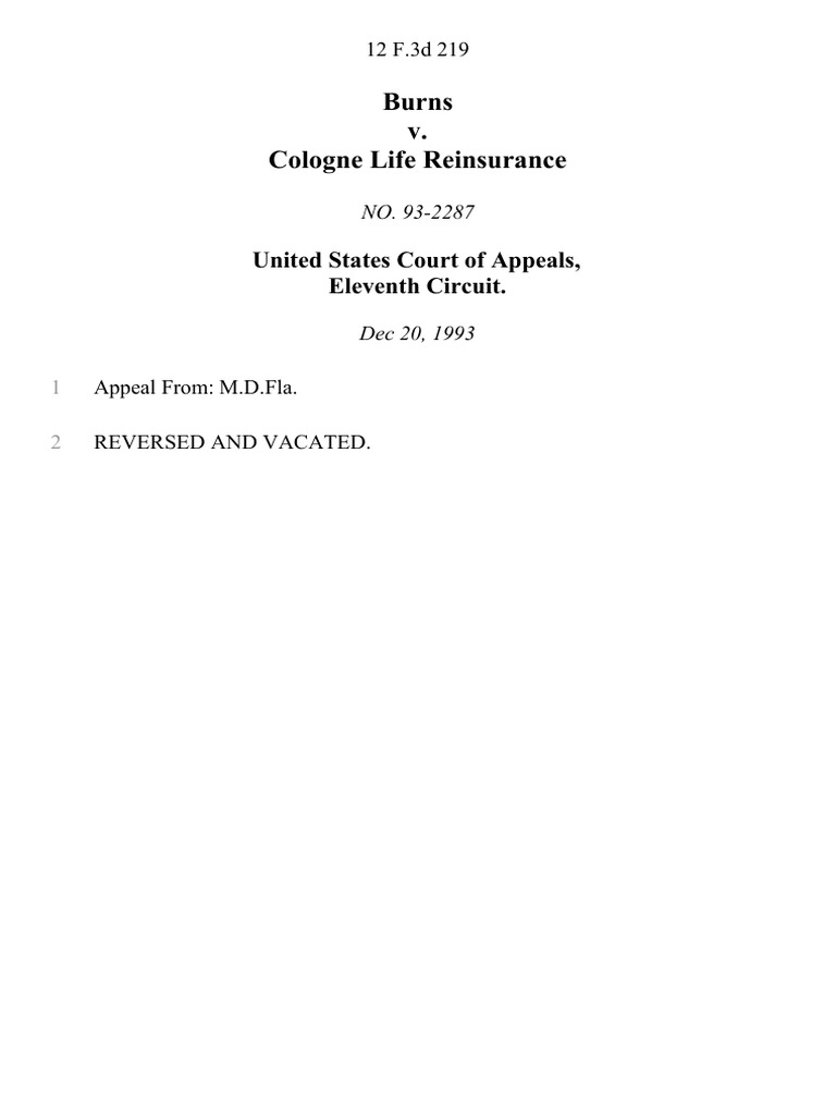 Burns v. Cologne Life Reinsurance, 12 F.3d 219, 11th Cir. (1993) | PDF