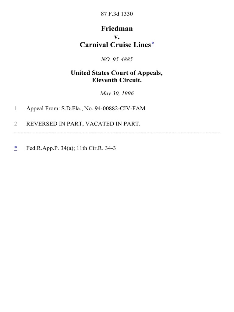 Friedman v. Carnival Cruise Lines, 87 F.3d 1330, 11th Cir. (1996) | PDF