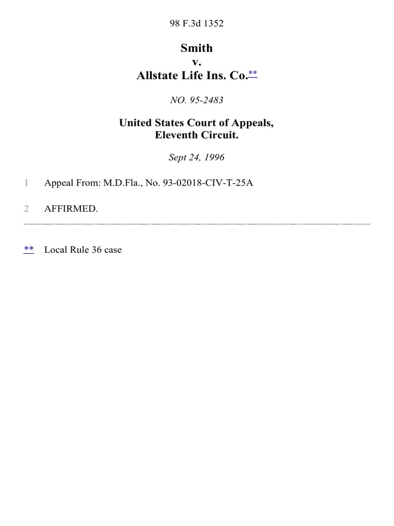 Smith v. Allstate Life Ins. Co., 98 F.3d 1352, 11th Cir. (1996) | PDF