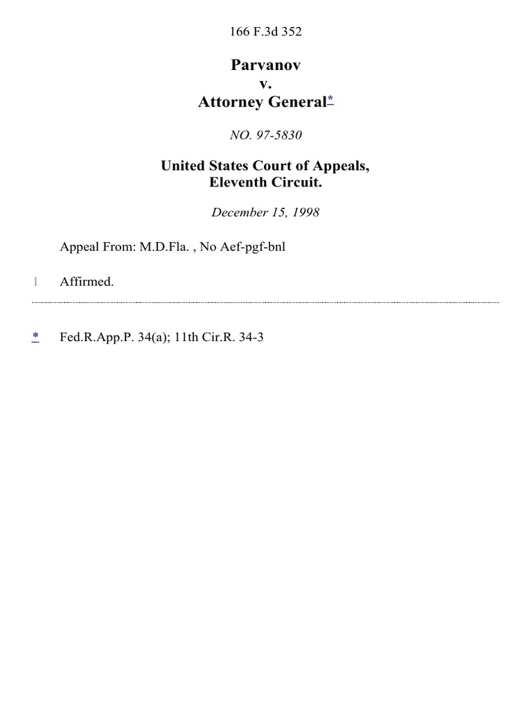 Parvanov v. Attorney General, 166 F.3d 352, 11th Cir. (1998) | PDF | Law