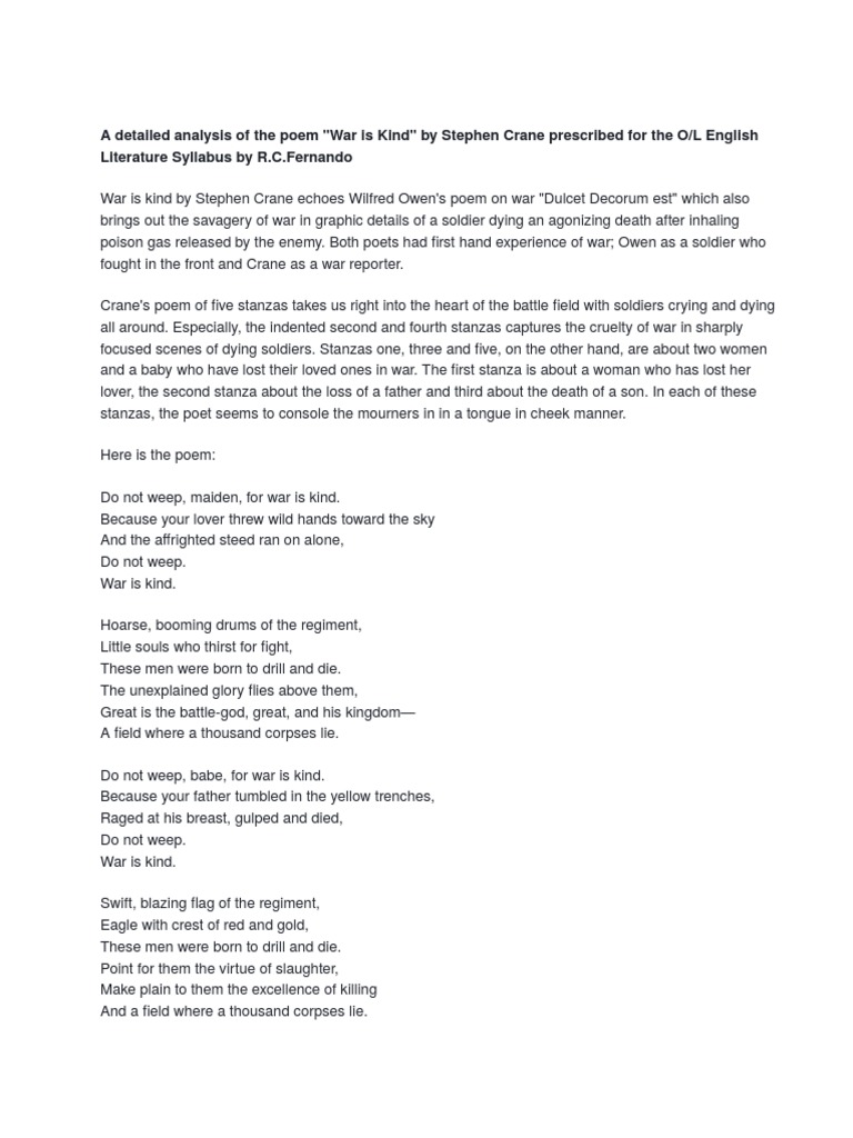 A Detailed Analysis of Stephen Crane's "War is Kind" prescribed for G.C ...