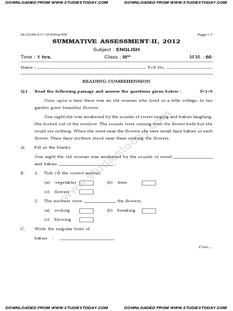 CBSE Class 3 English Question Paper SA 2 2012 | PDF | Linguistic ...