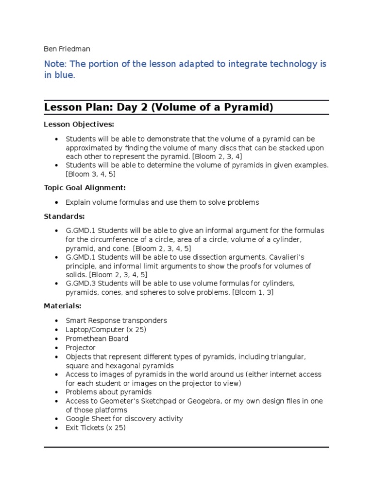 Lesson Plan - Volume of A Pyramid | PDF | Volume | Lesson Plan