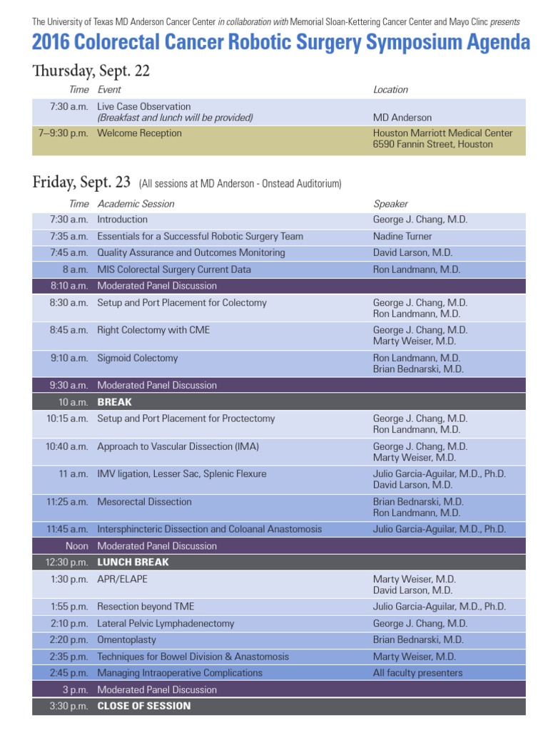 2016 Colorectal Cancer Robotic Surgery Symposium Agenda: Thursday, Sept ...